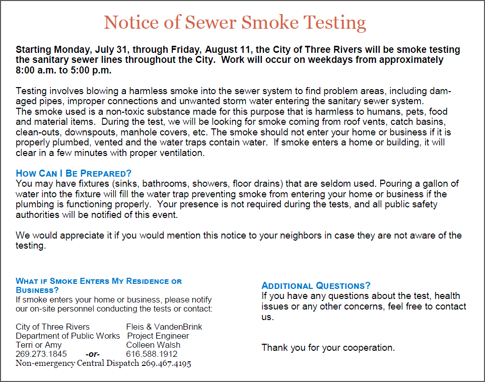 Sewer Smoke Testing – City of Three Rivers Michigan